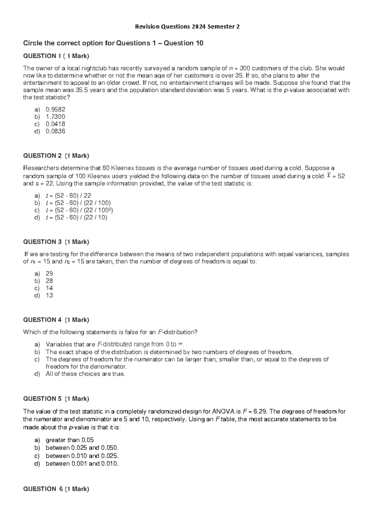 Revision Final Exam 2024 Semester 2 - Revision Questions 2024 Semester ...