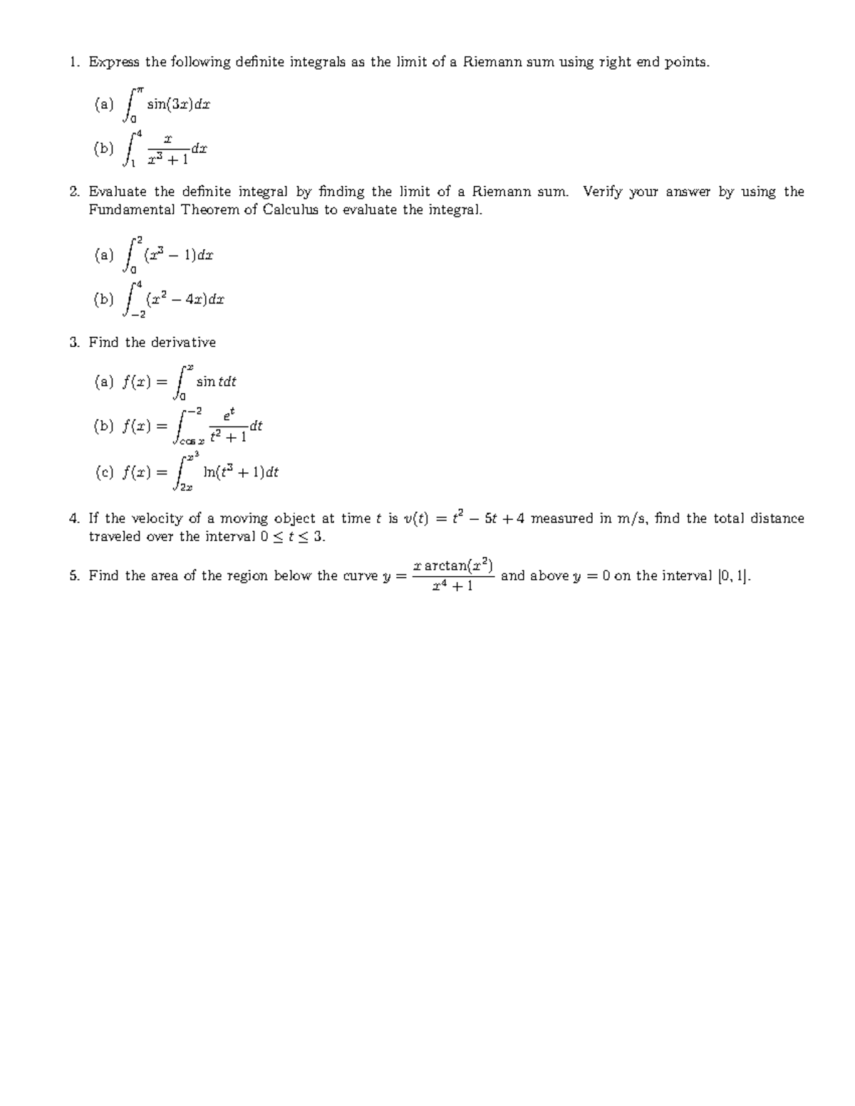 Exam1 Review - Express the following definite integrals as the limit of ...