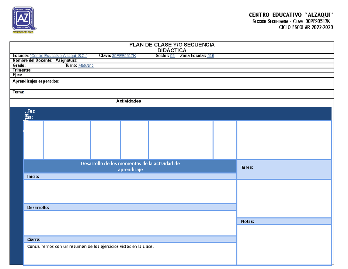 Machote DE Planeaciones DE Secundaria - CENTRO EDUCATIVO “ALZAQUI ...