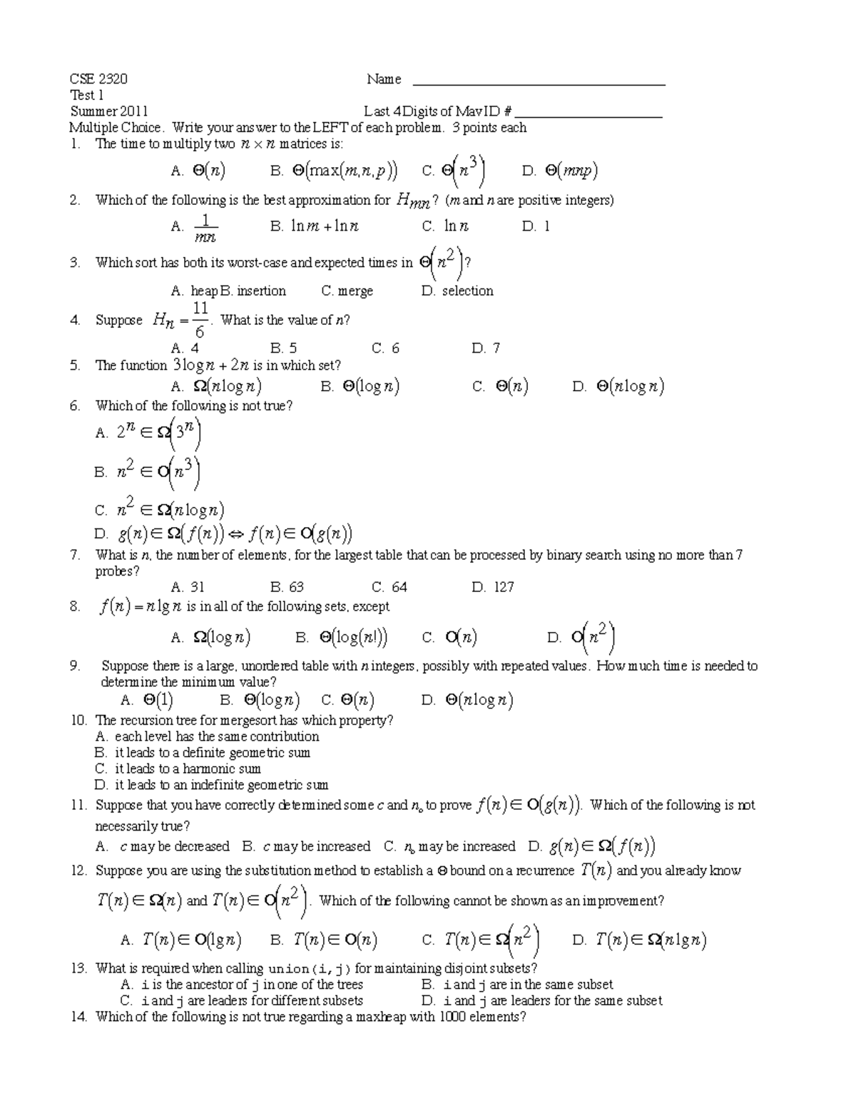 Sum11z Lecture Notes For Algo And Ds Cse 2320 Name Test