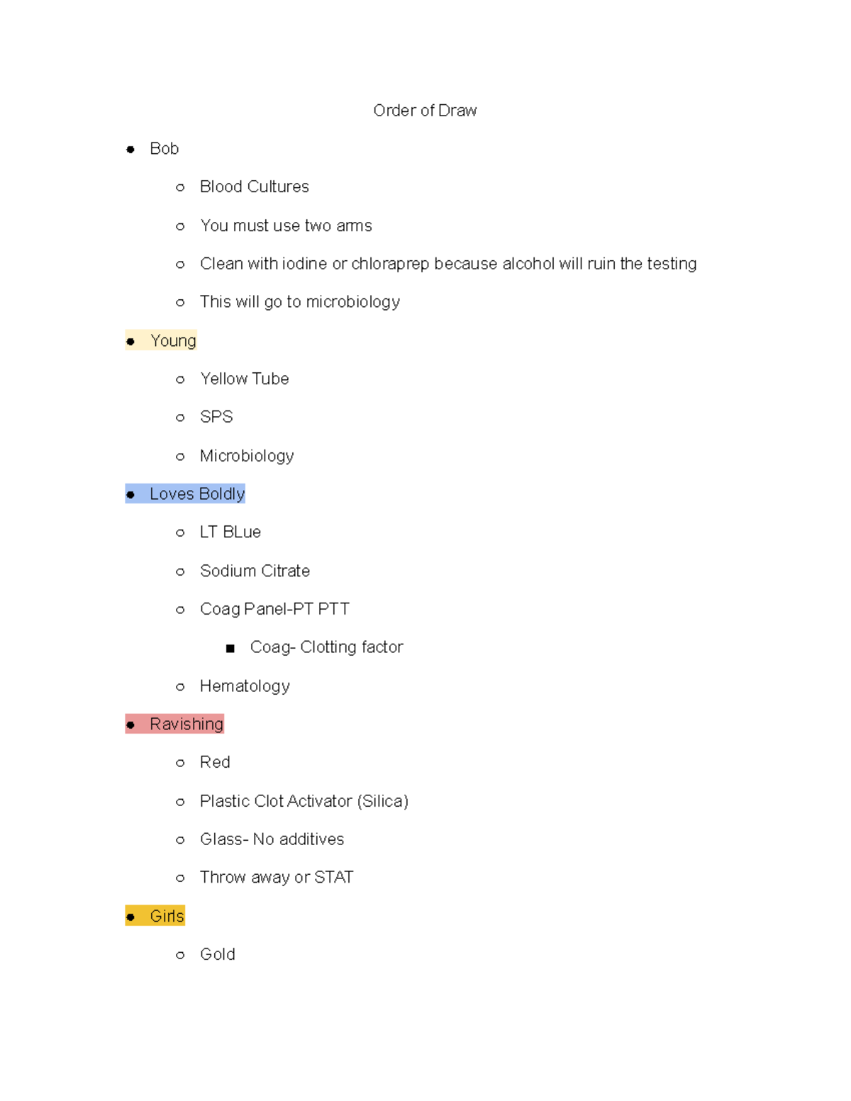 Order of Draw Details - Order of Draw Bob Blood Cultures You must use ...
