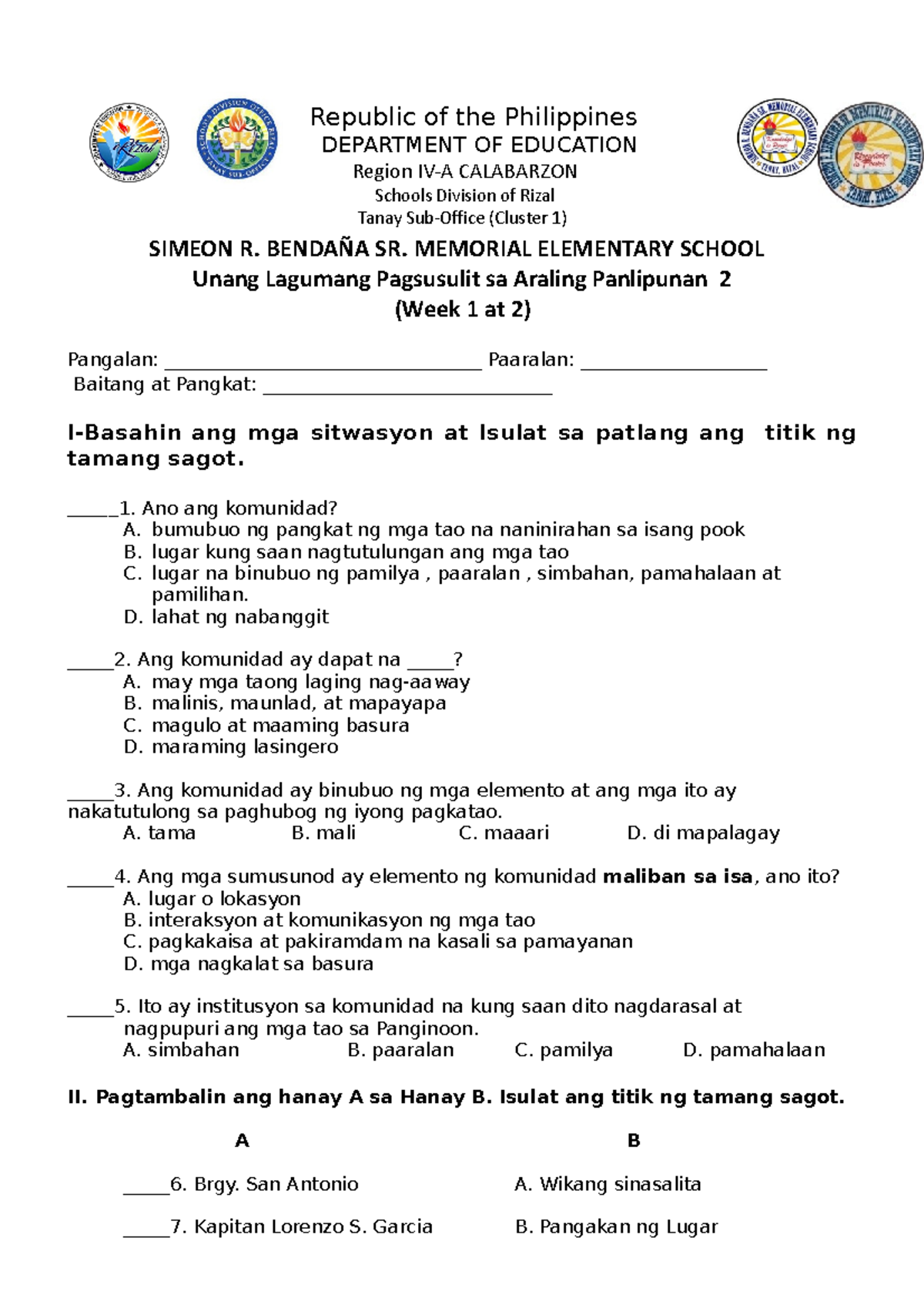 AP 2 Q1 WEEK 12 Summative TEST - Republic of the Philippines DEPARTMENT ...