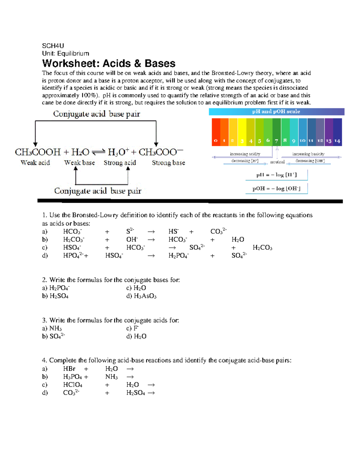 Acids Bases worksheet - SCH4U Unit: Equilibrium Worksheet: Acids ...