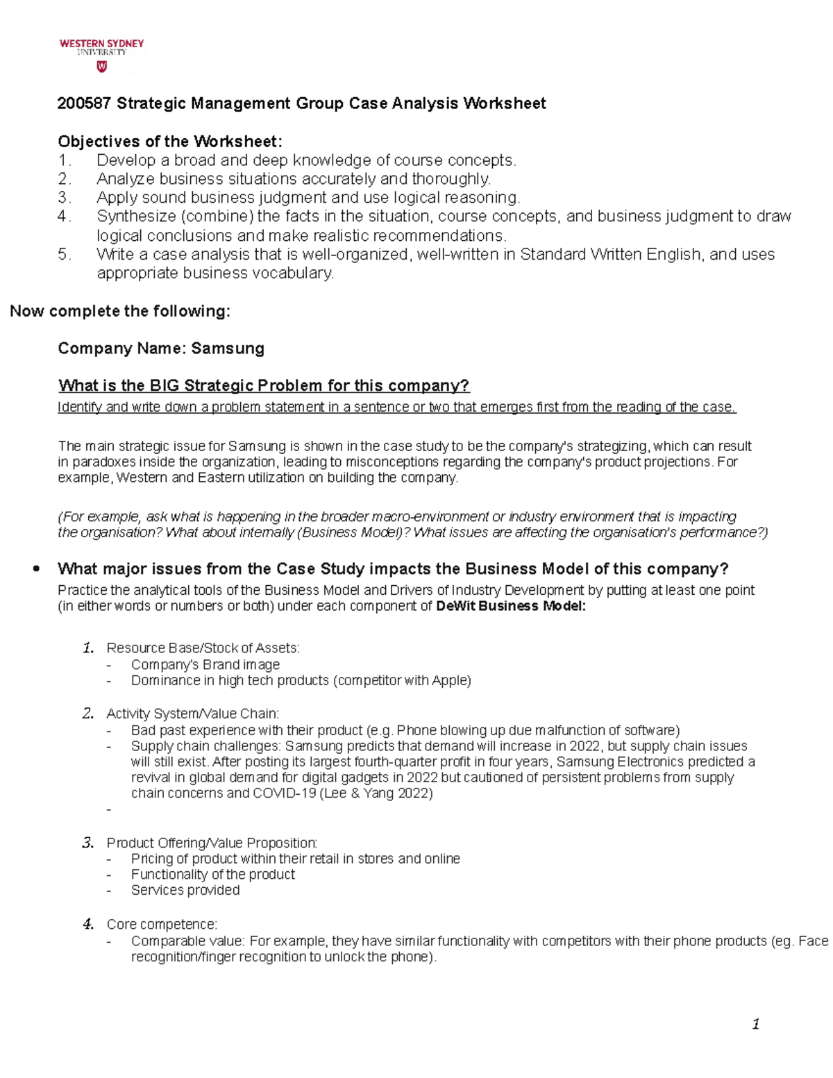 Samsung CASE Analysis - 200587 Strategic Management Group Case Analysis ...