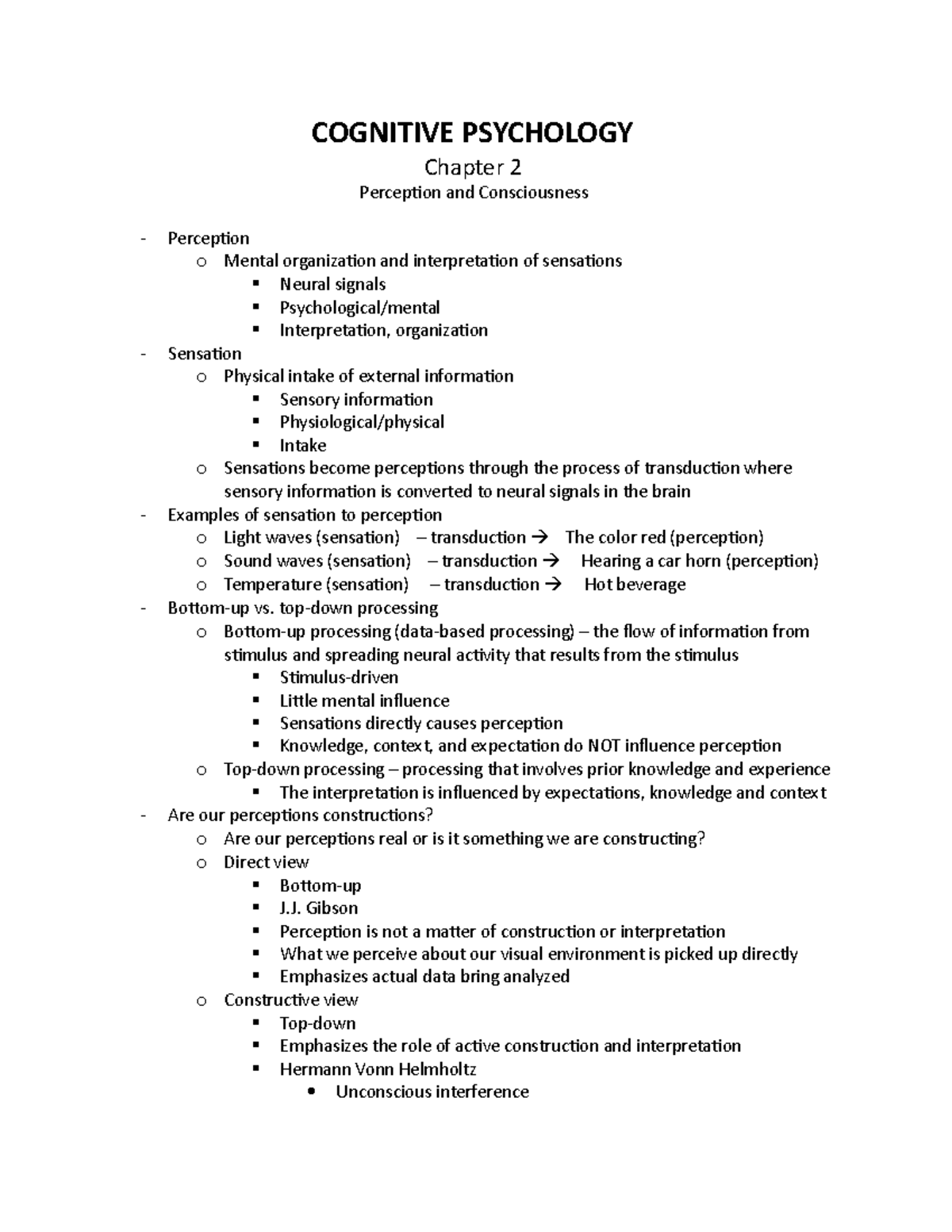 CH 2 - Perception AND Consciousness - COGNITIVE PSYCHOLOGY Chapter 2 Perception and ...