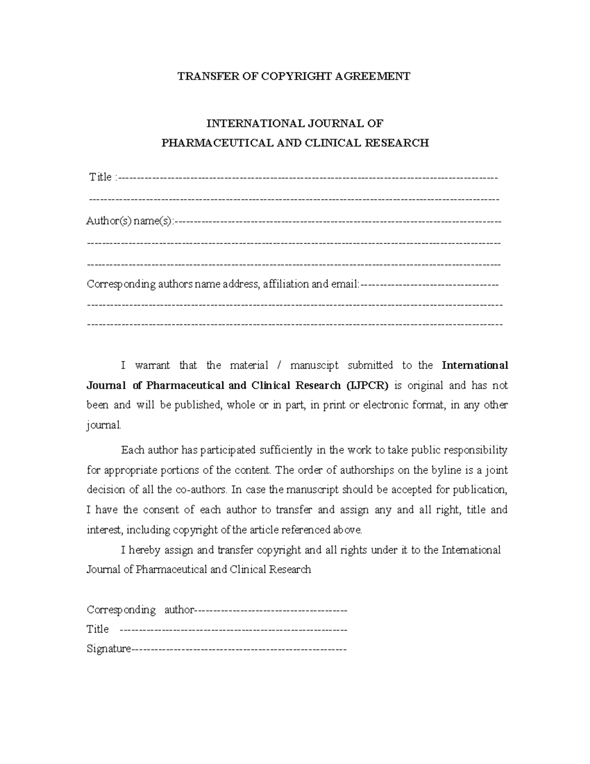 Ijpcr Copyright Transfer Agreement - TRANSFER OF COPYRIGHT AGREEMENT ...