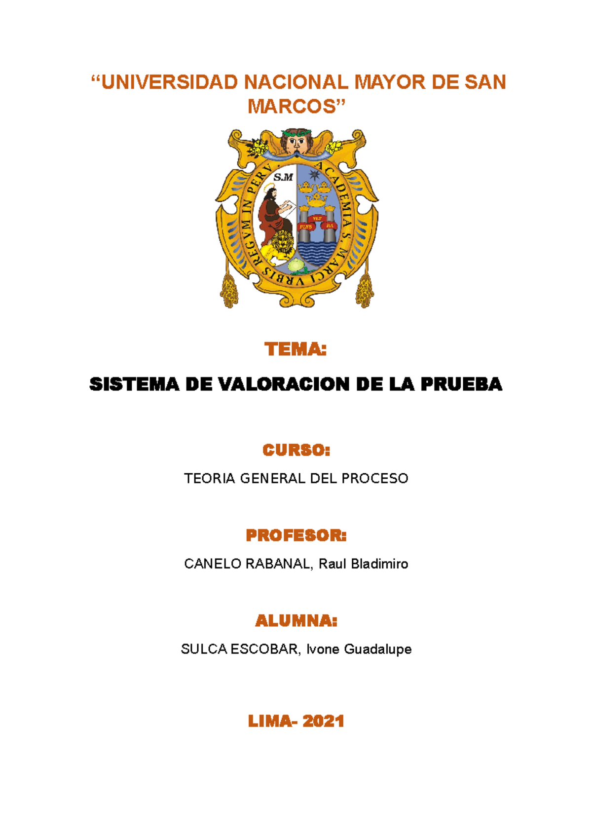 Sistema DE Valoracion DE LA Prueba - Ivone Sulca - “UNIVERSIDAD ...