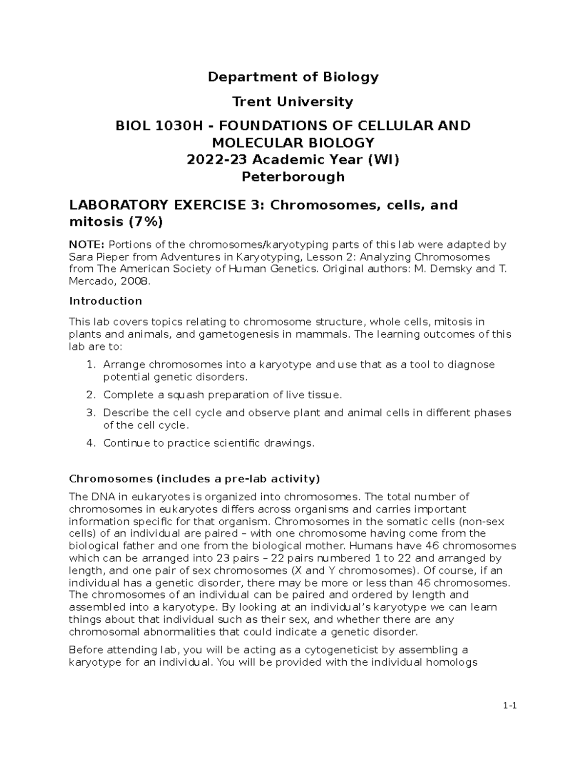 Lab 3 - CCM - 2023 Final - chromosome lab - Department of Biology Trent ...