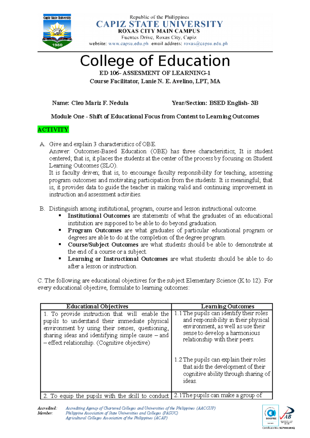 Ed106-module 1 ans - Notes from ED106- ASSESSMENT IN LEARNING - ED 106 ...