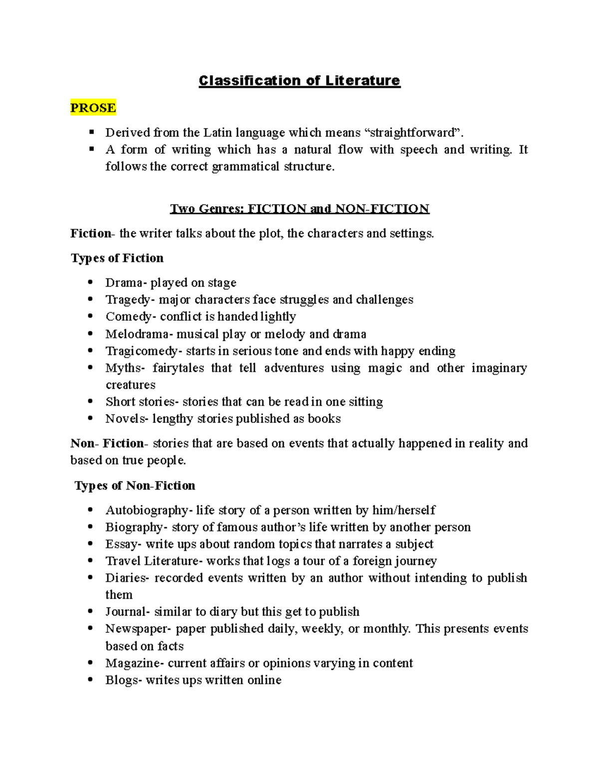Classification of Literature - Classification of Literature PROSE ...