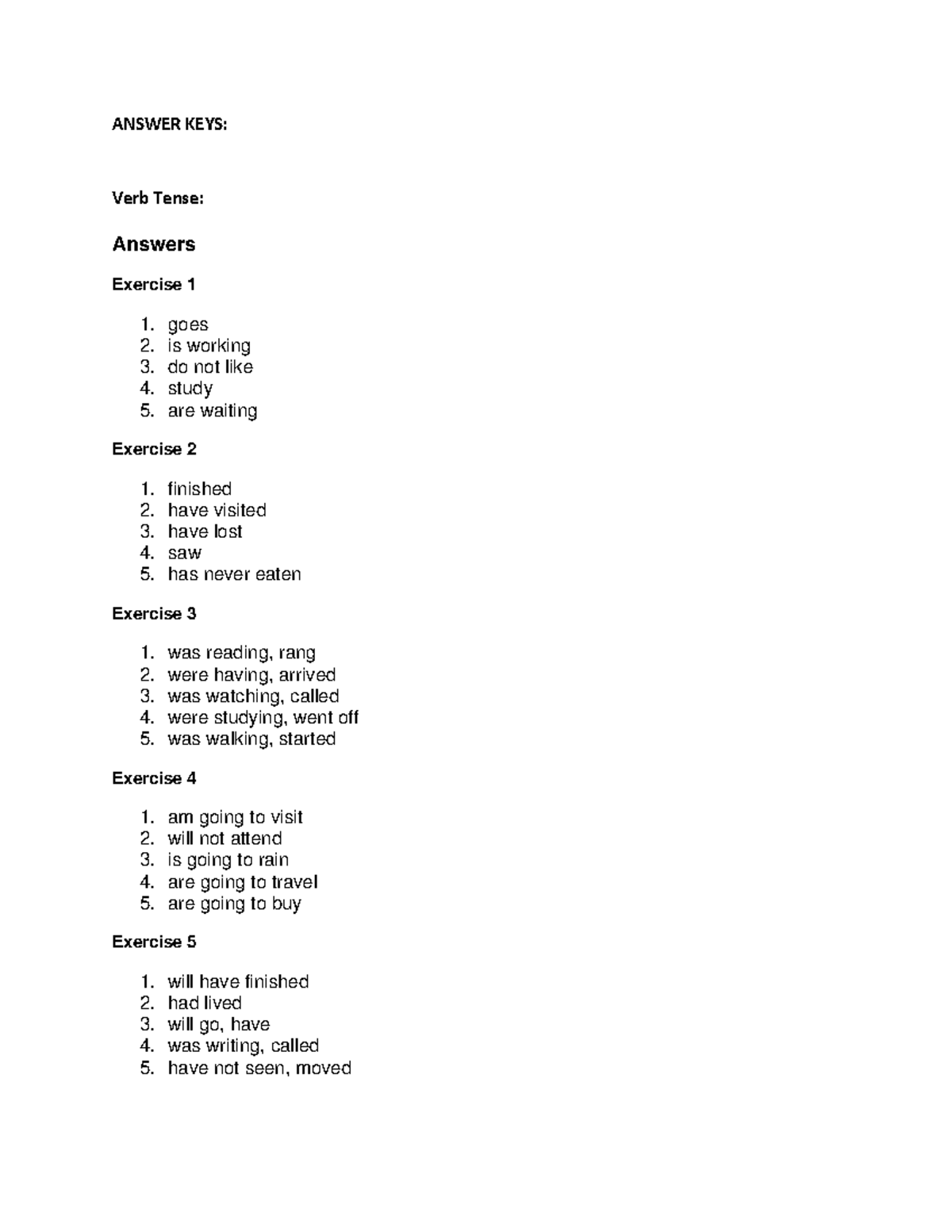 Grammar Answer KEY - verb tenses - ANSWER KEYS: Verb Tense: Answers ...