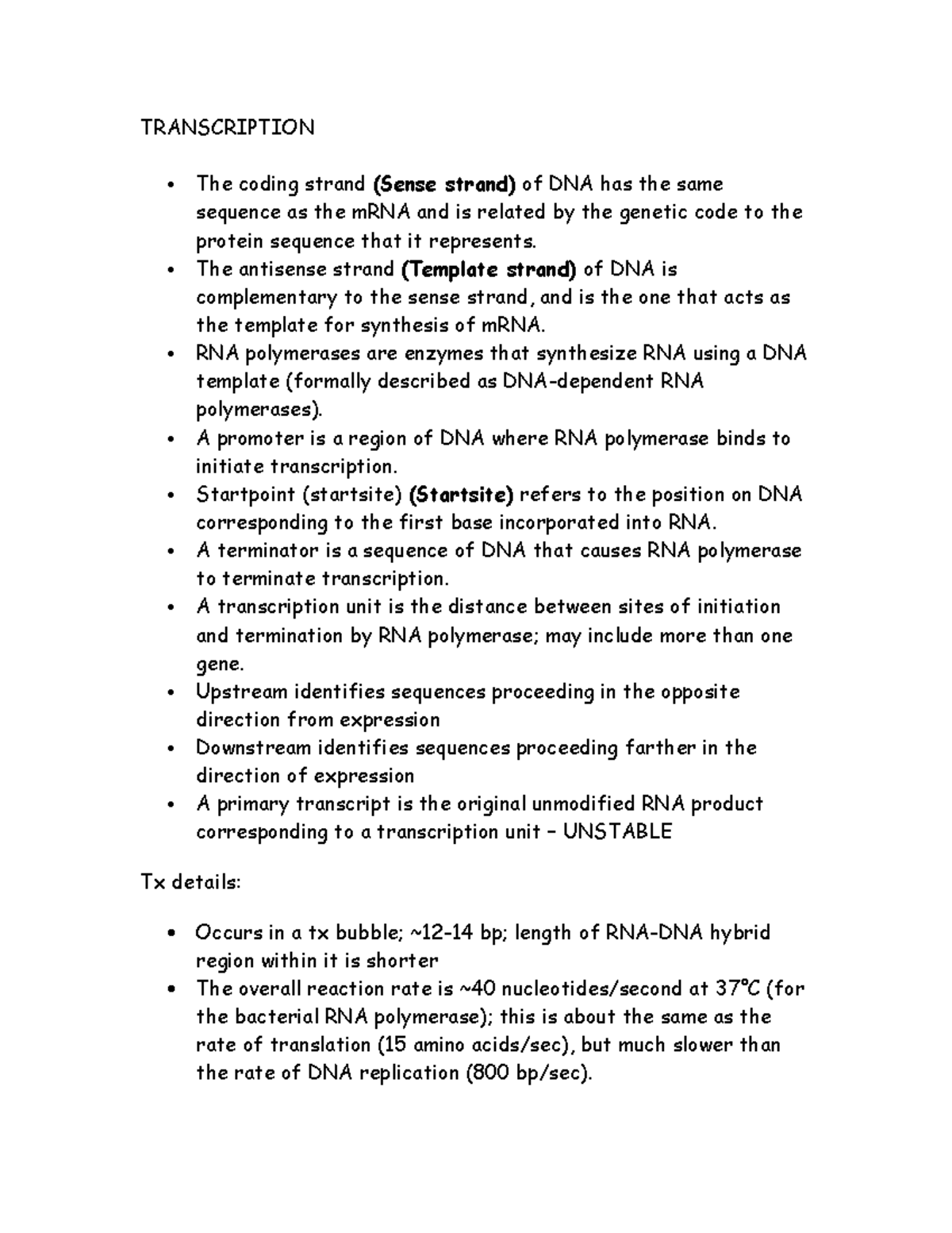 Exam notes - Transcription - TRANSCRIPTION The coding strand (Sense ...