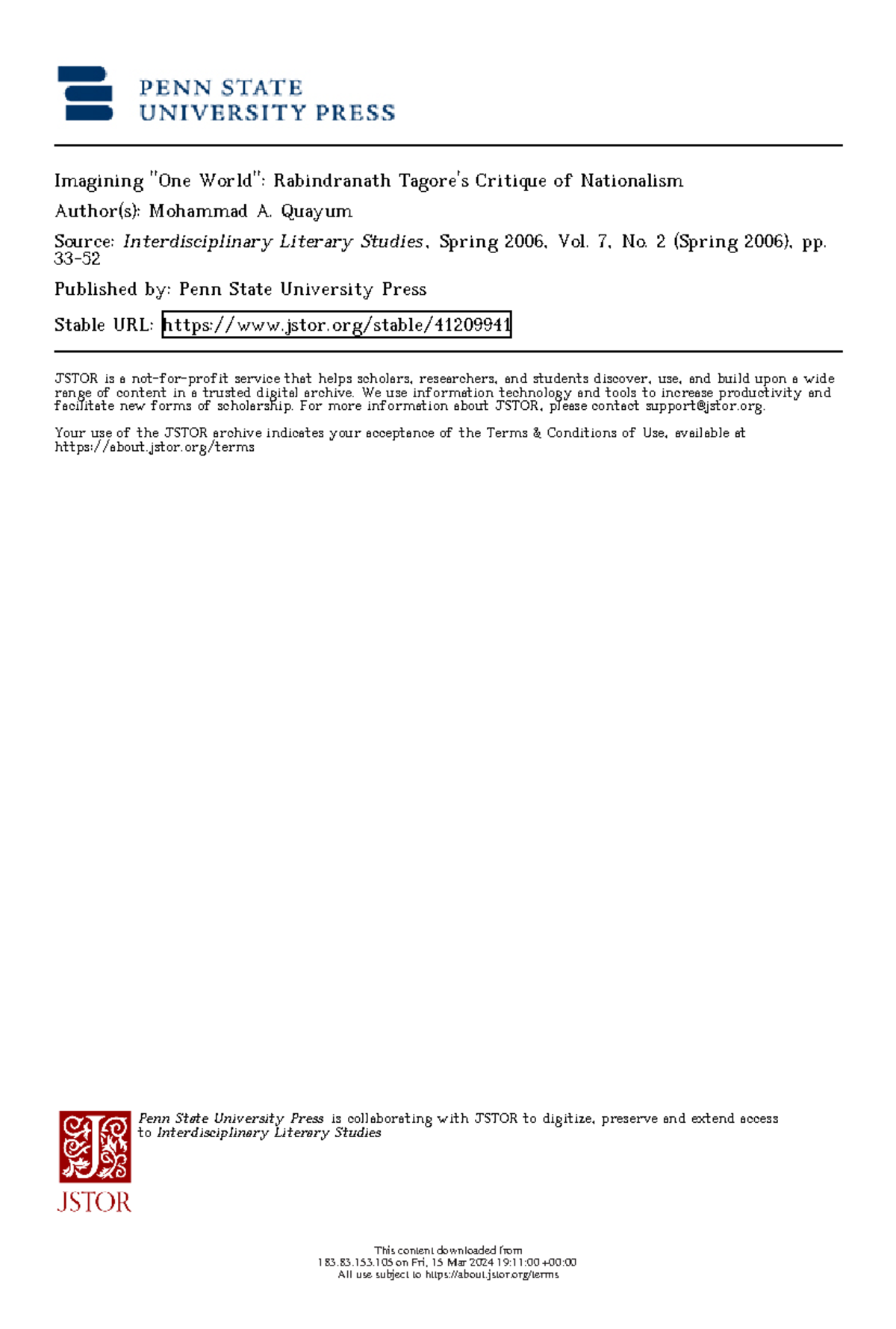 Quayum-Imagining One World-2006 - Imagining "One World": Rabindranath ...