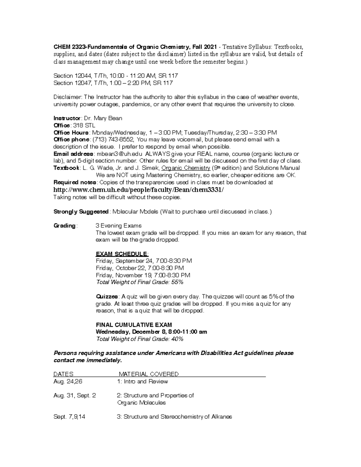 Organic Chemistry Syllabus 2020/2021 - CHEM 2323 -Fundamentals of ...