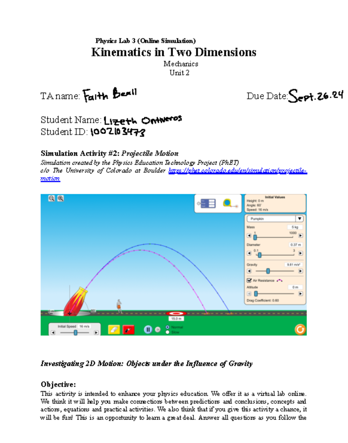 Lab-3 Knematics 2-D Online - Physics Lab 3 (Online Simulation ...