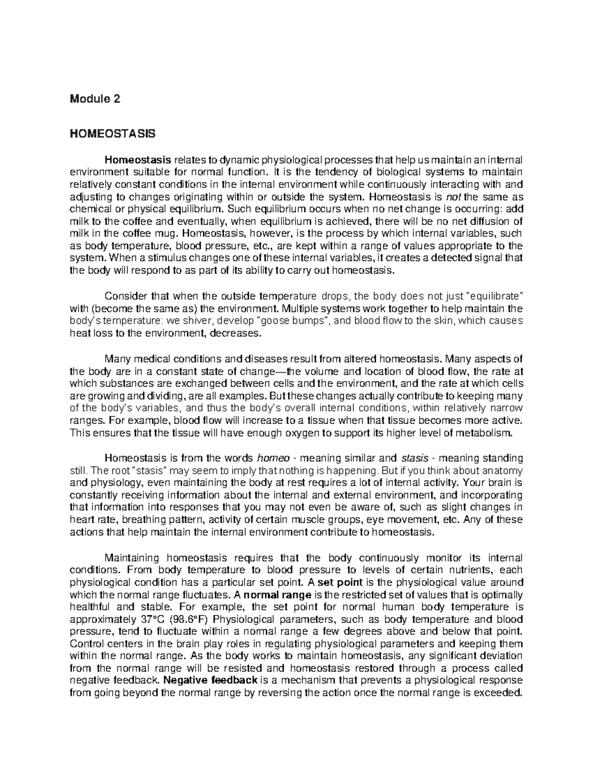 Module 2-Homeostasis-Revised - Module 2 HOMEOSTASIS Homeostasis relates ...