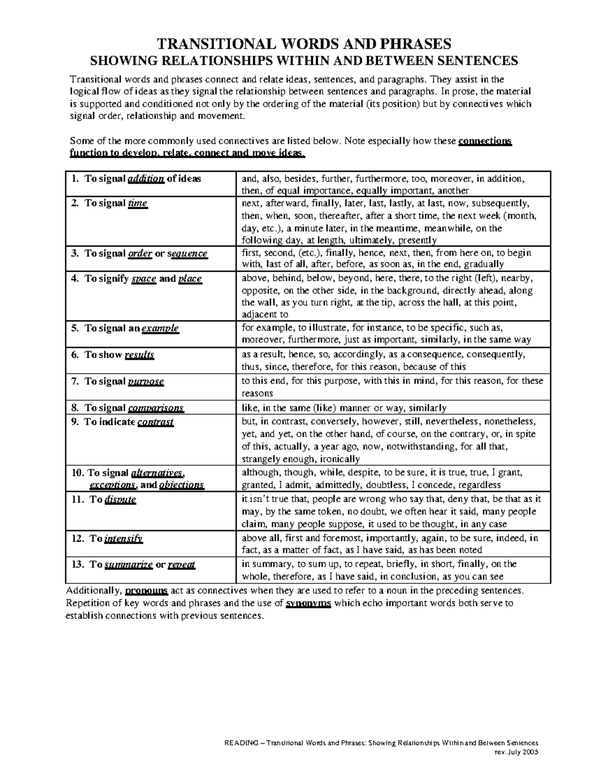 LCC401 task 1 (exercise) - READING – Transitional Words and Phrases ...