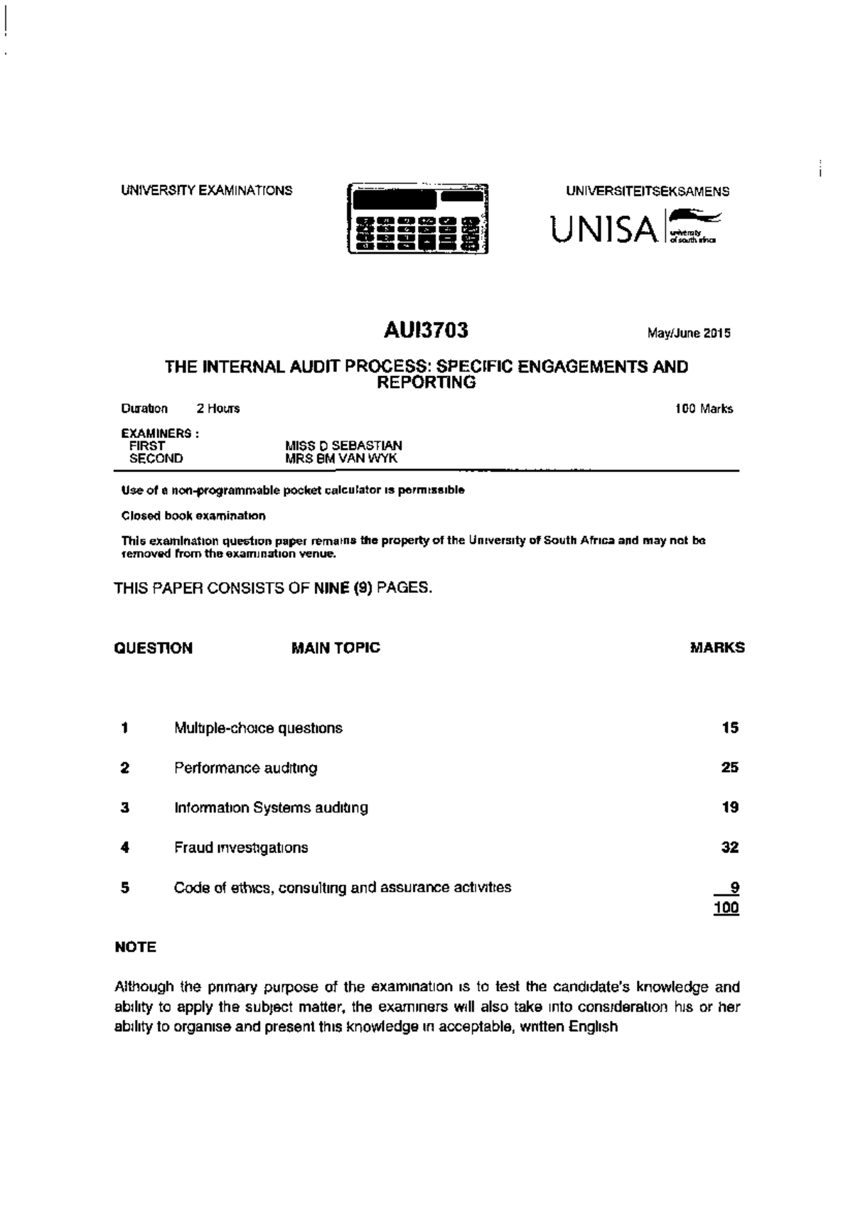 Exam 2015, questions - AUI3703 - Studocu
