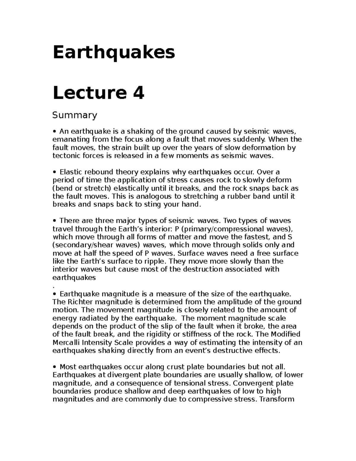 Notes for lecture 4 - Earthquakes L4 What is an Earthquake? Causes ...