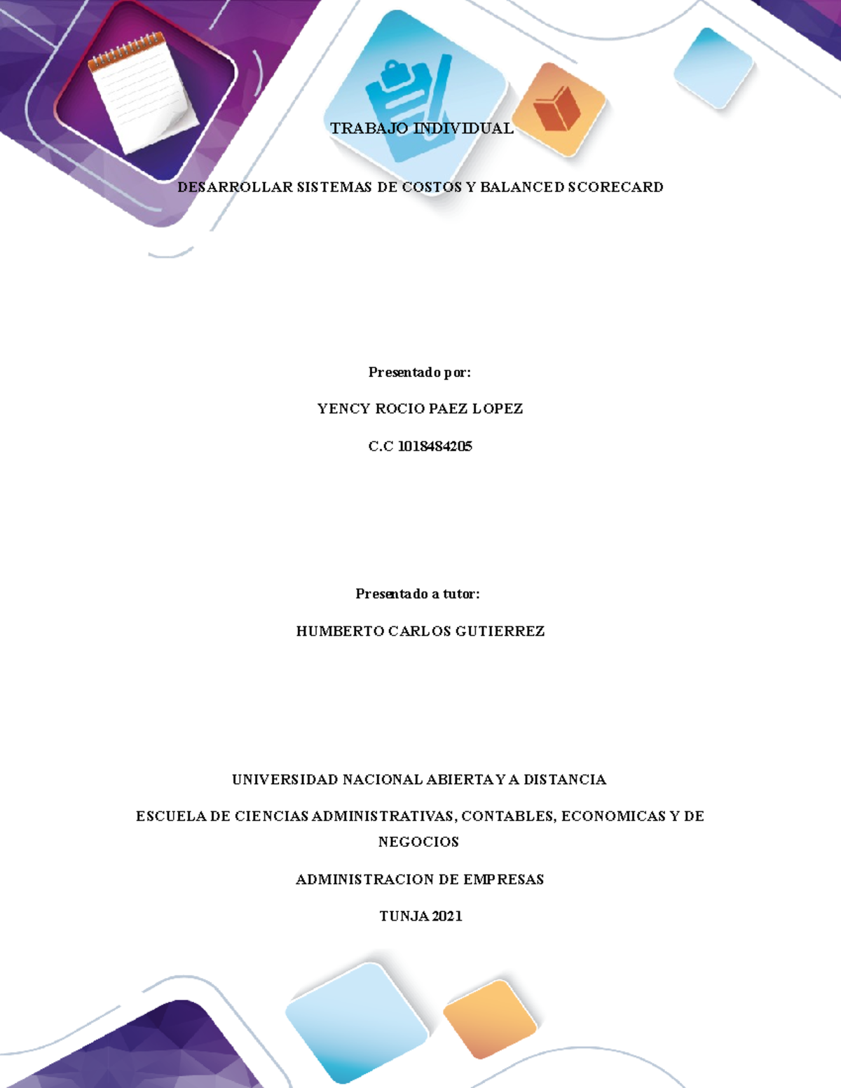 Trabajo Individual - Yency paez - TRABAJO INDIVIDUAL DESARROLLAR SISTEMAS DE COSTOS Y BALANCED ...