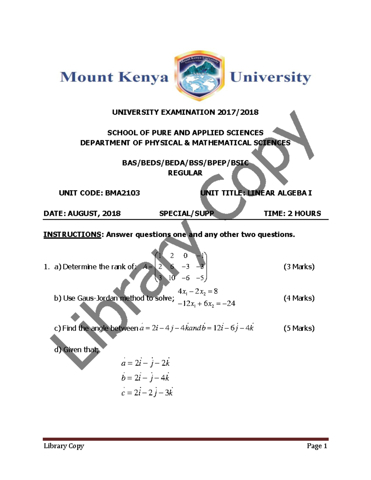 BMA2103 Linear Algebra I REG SUPP - UNIVERSITY EXAMINATION 2017/ SCHOOL ...