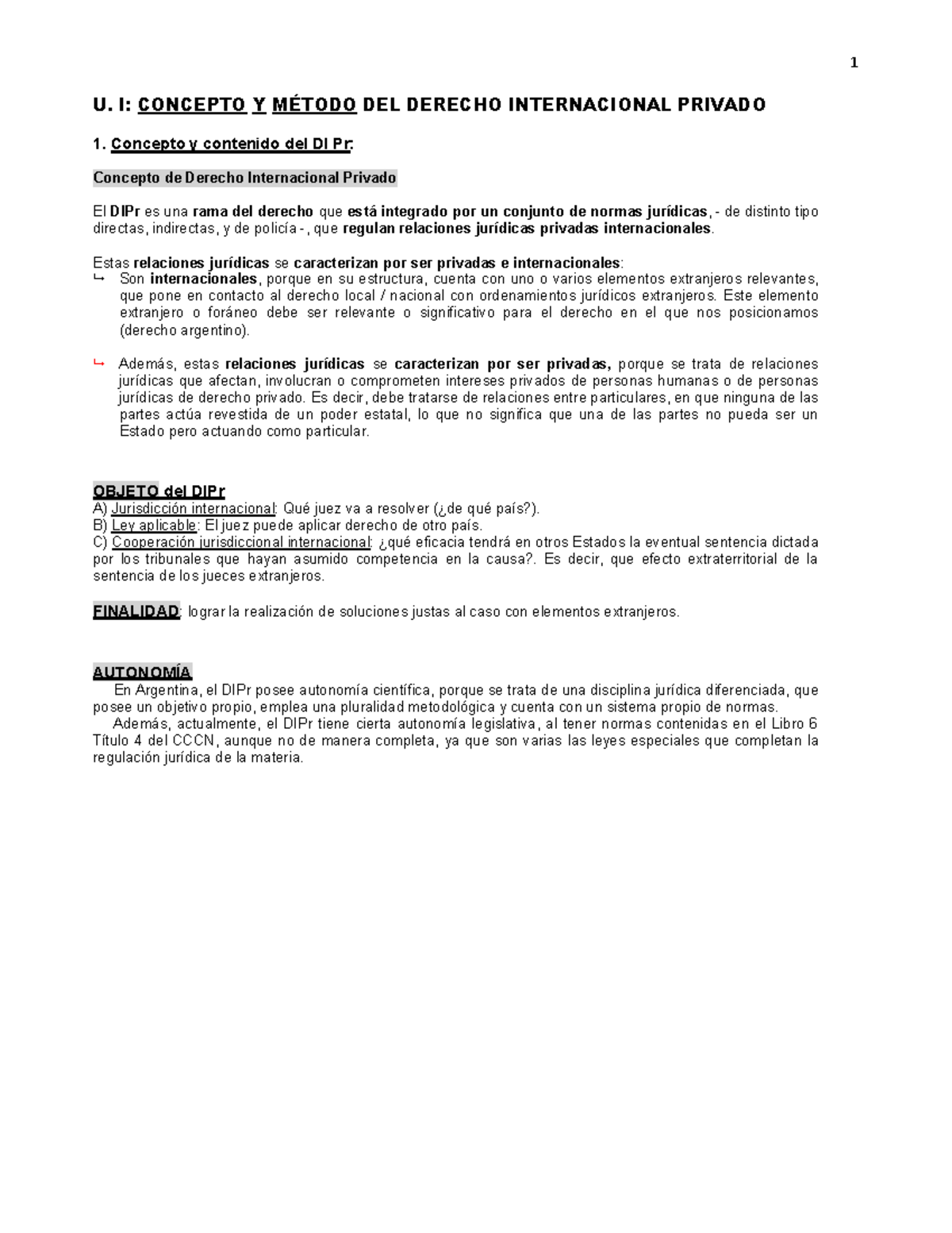 000 Resumen ALE Primer Parcial - U. I: CONCEPTO Y MÉTODO DEL DERECHO INTERNACIONAL PRIVADO 1 ...