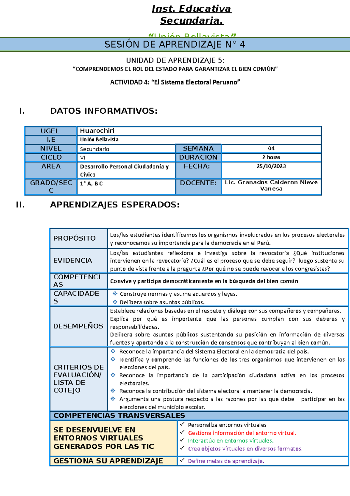 1º DPCC- SES 4 UNI 5 - SEM 04 - UNIDA SESIÓN DE APRENDIZAJE N° 4 UNIDAD DE APRENDIZAJE 5: - Studocu