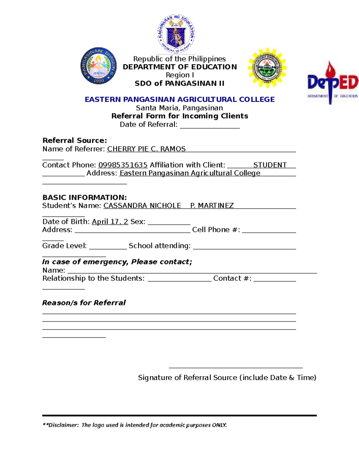 Referralslip-cpramos - Republic of the Philippines DEPARTMENT OF ...