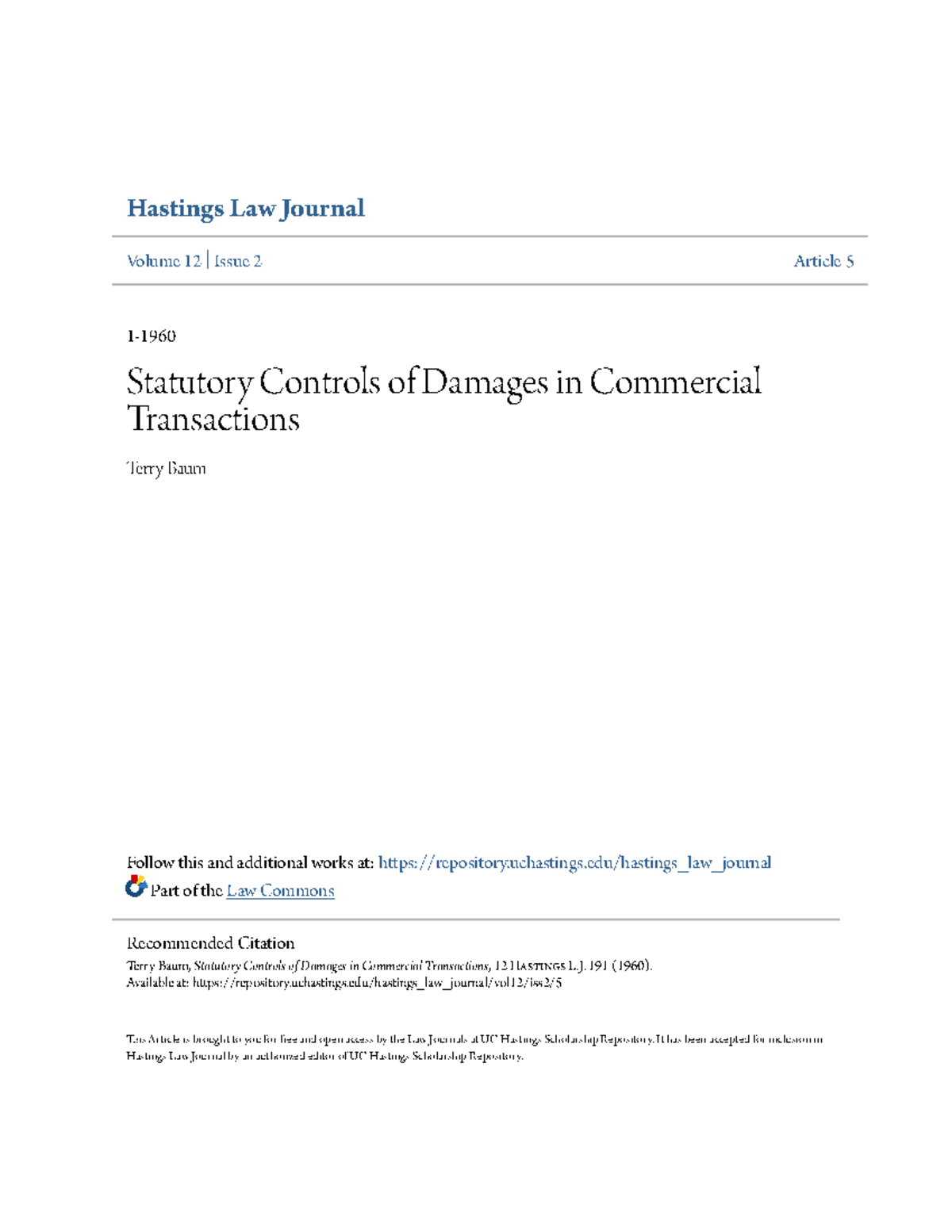 Statutory Controls of Damages in Commercial Transactions - Hastings Law ...