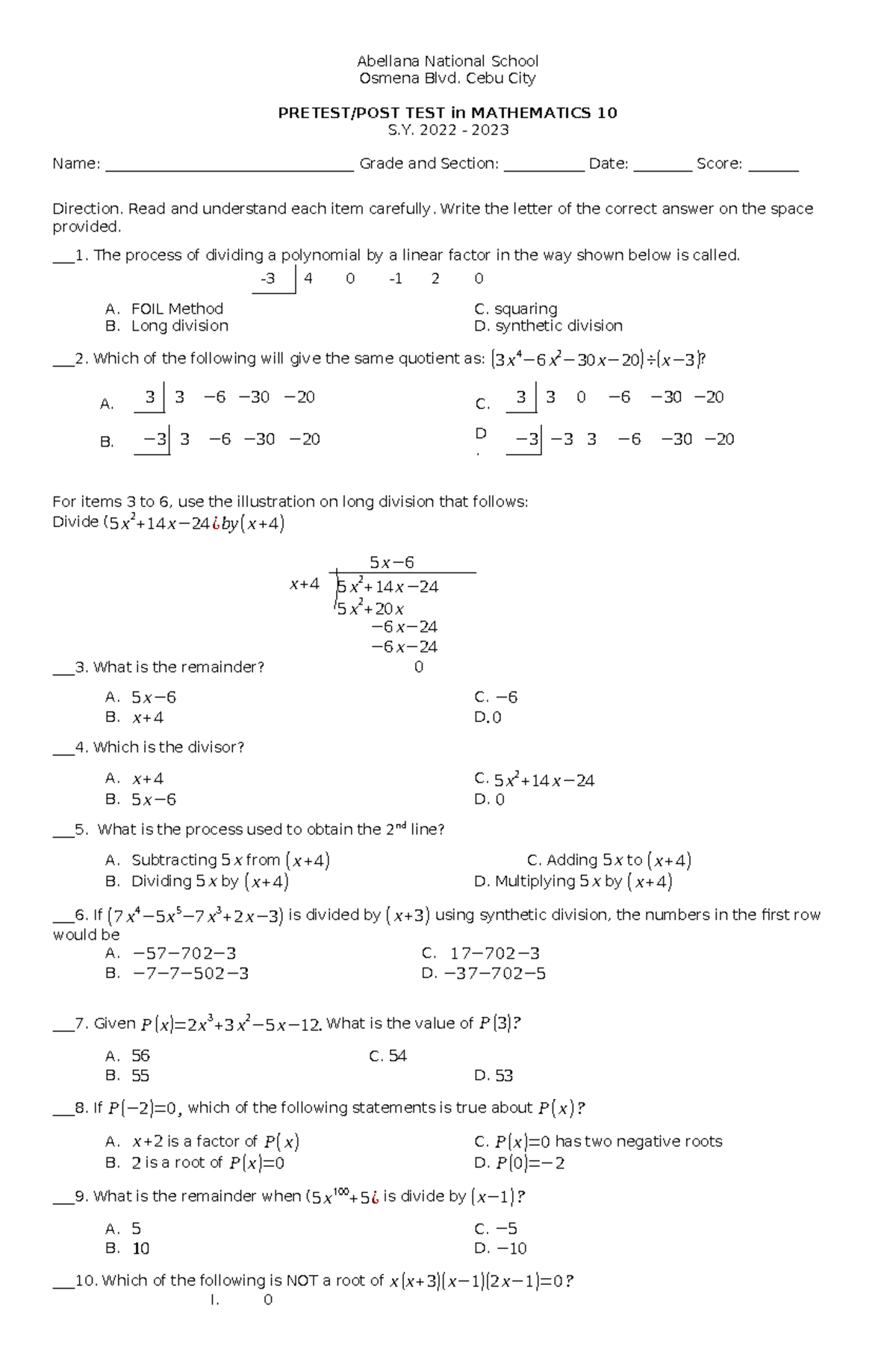 Pretest-Post-Test - PDF for cookery 10 - Abellana National School ...