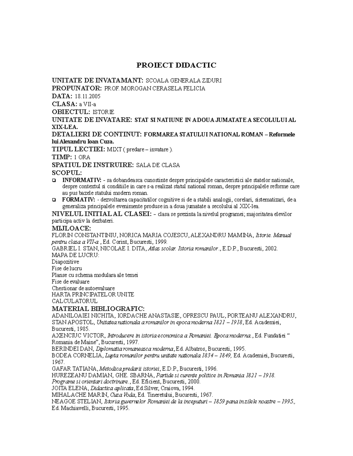 Reforma lui Cuza - proiect de lectie - PROIECT DIDACTIC UNITATE DE ...