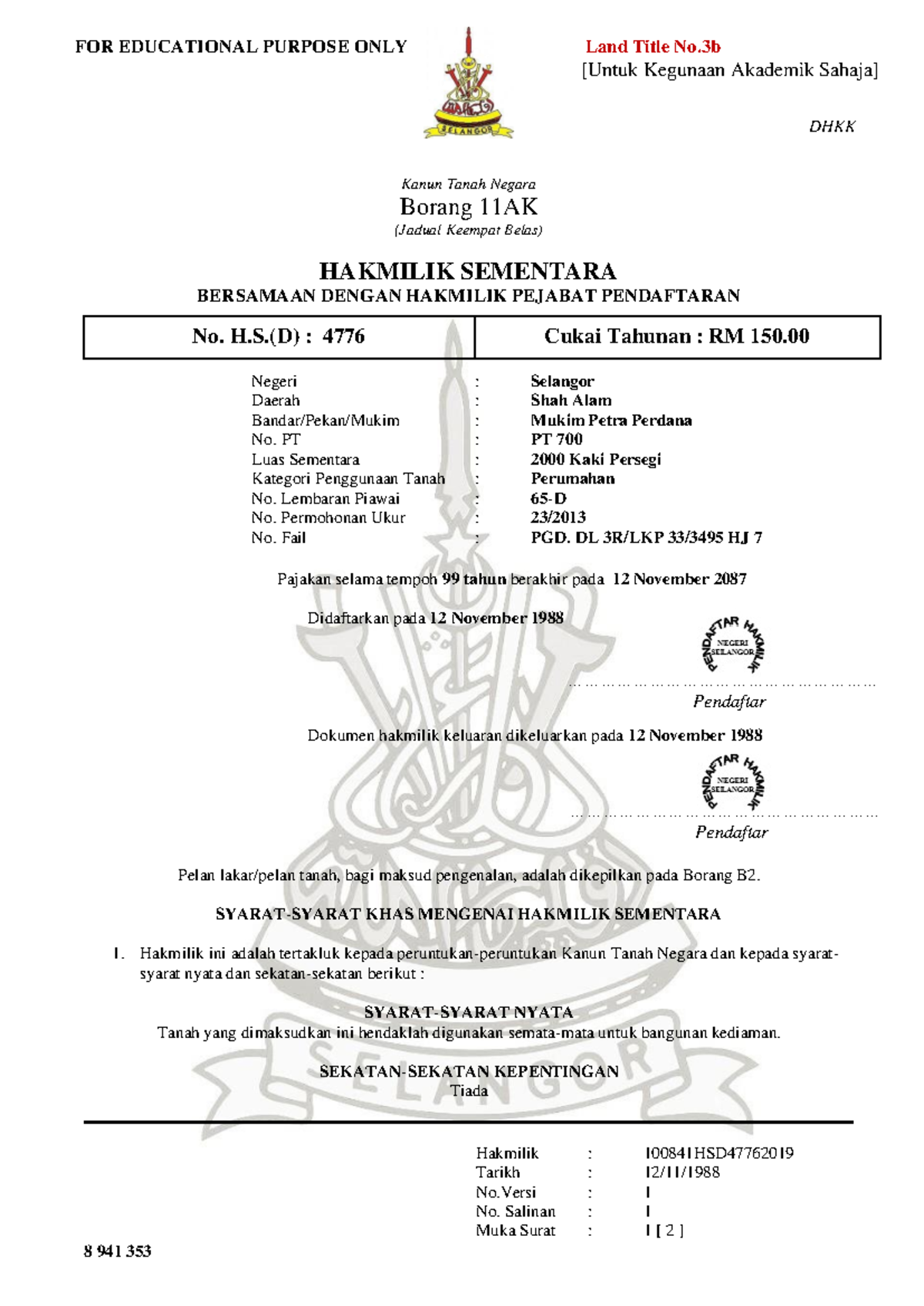 Land Title 3b - FOR EDUCATIONAL PURPOSE ONLY Land Title No [Untuk ...