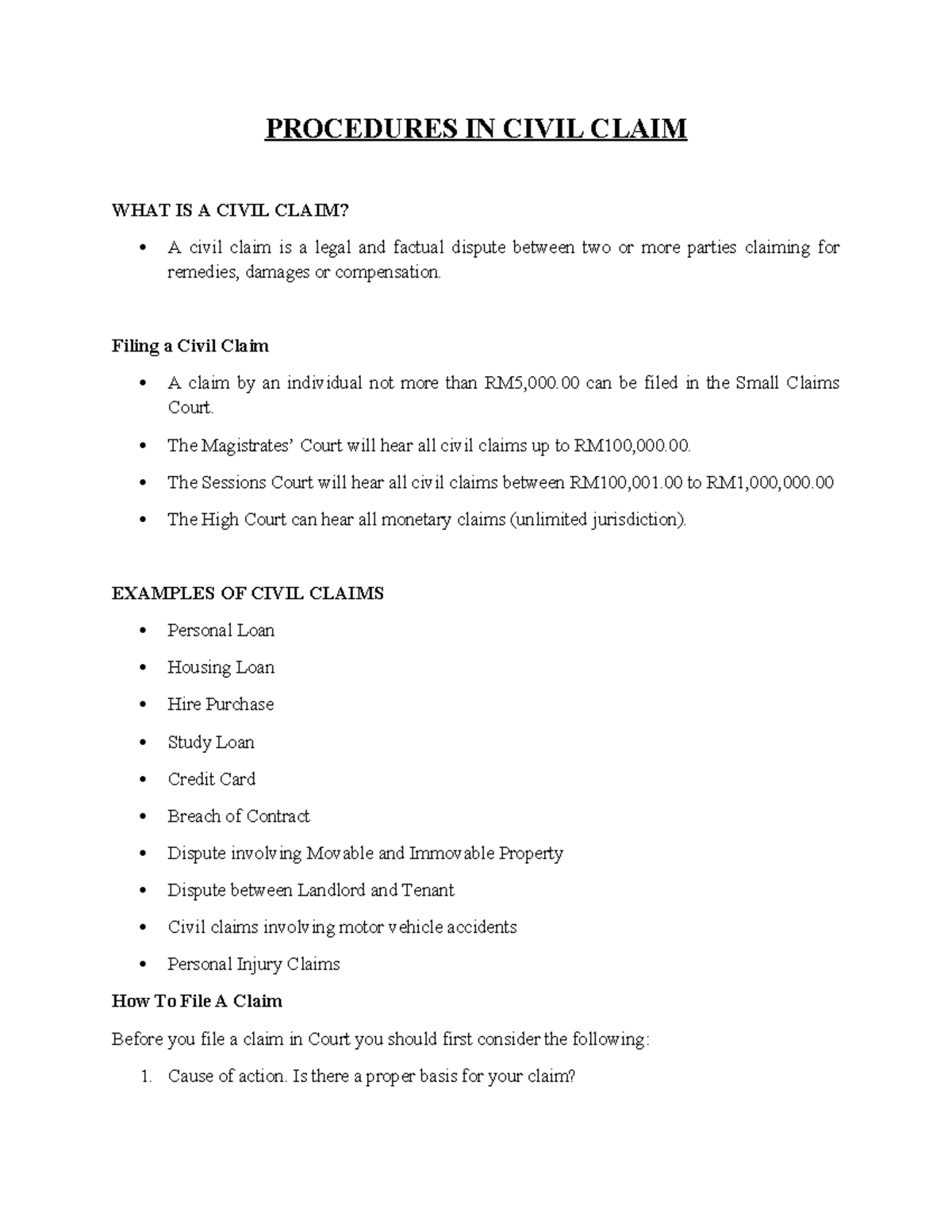 Procedures IN Civil Claim - PROCEDURES IN CIVIL CLAIM WHAT IS A CIVIL ...