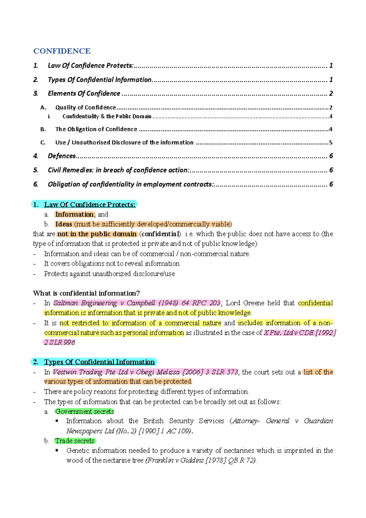 Law of confidence - Notes for IP law - CONFIDENCE Law Of Confidence ...
