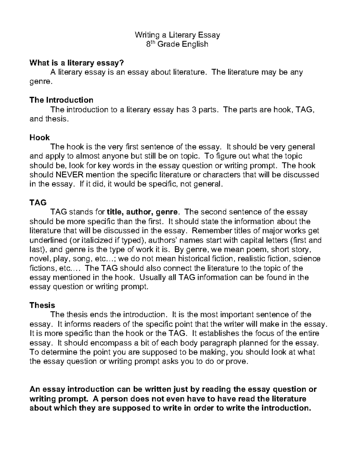 Writing A Literary Essay 11 The Literature May Be Any Genre The