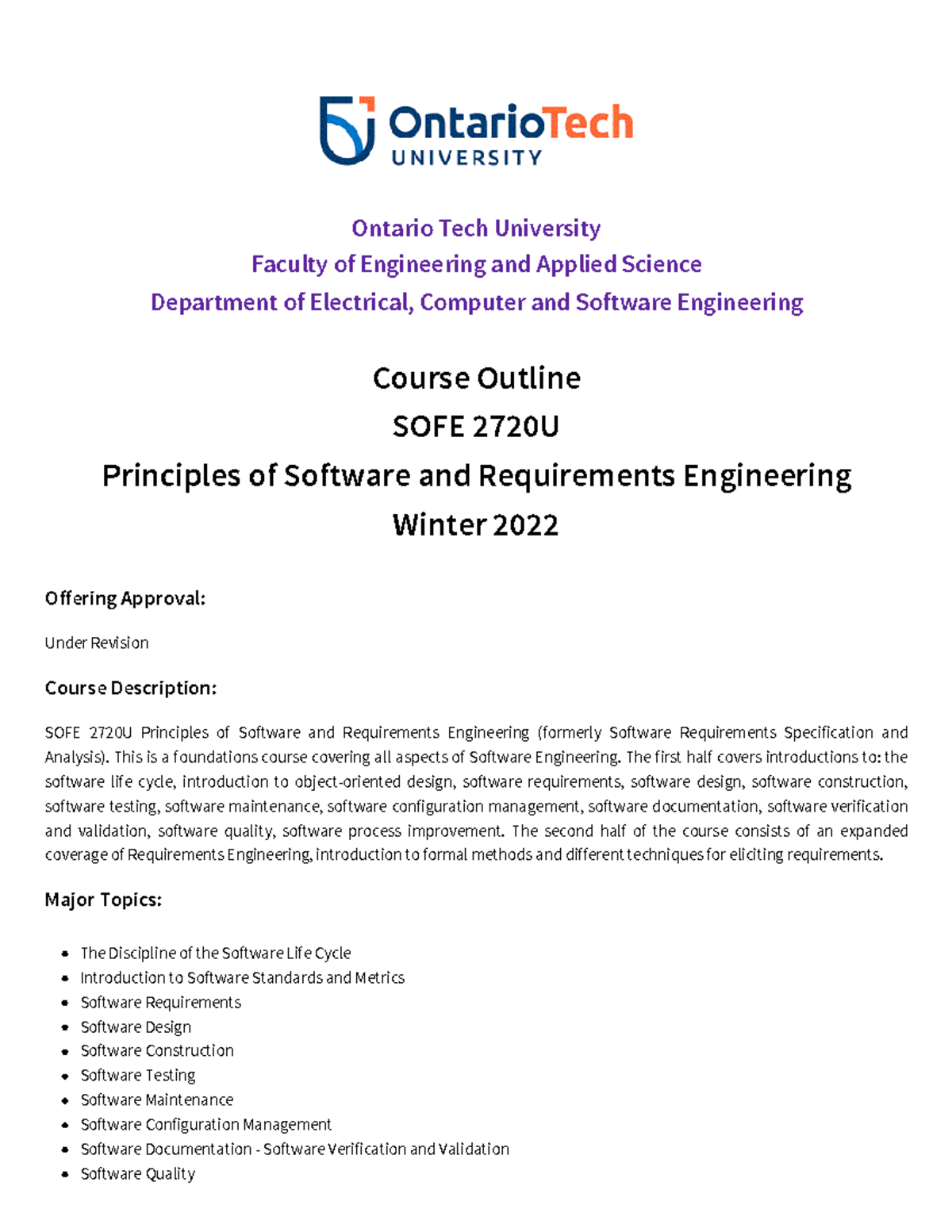Course Outline - SOFE 2720U - Winter 2022 - Winter 2022 - Ontario Tech ...