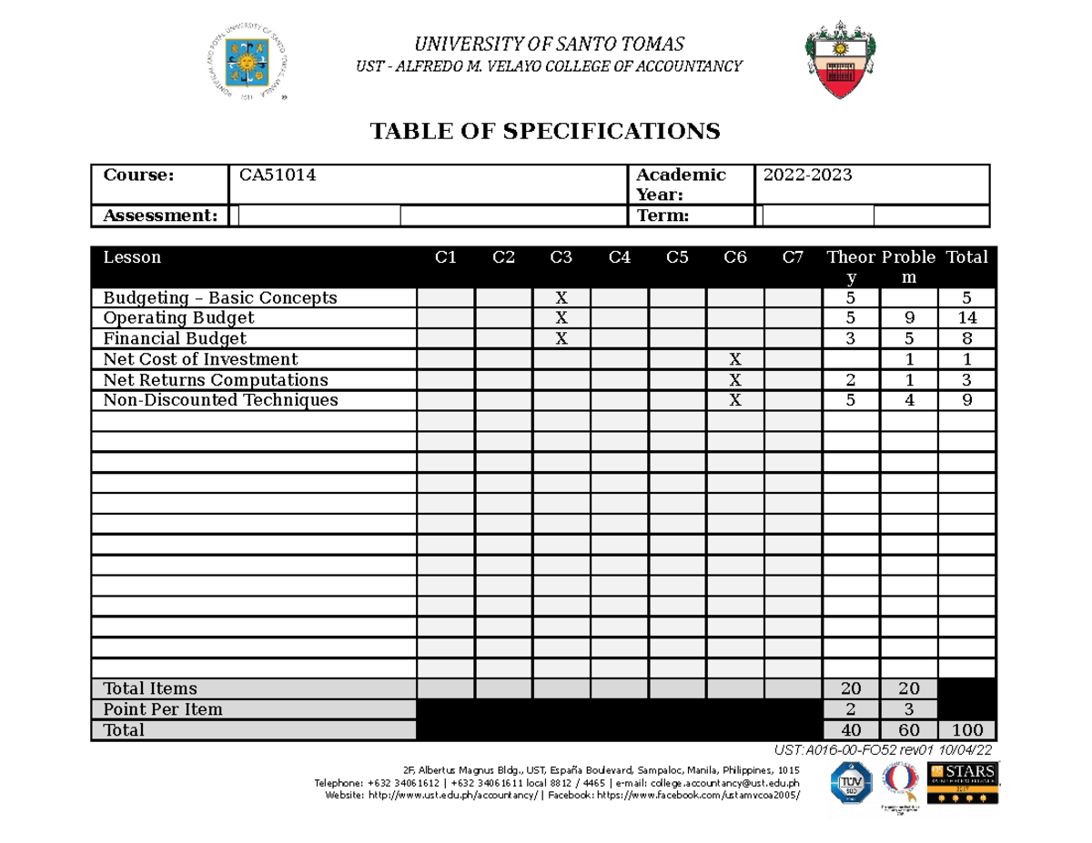 UST TOS Q3 CA51014 1T 2022 23 - UST - ALFREDO M. VELAYO COLLEGE OF ...