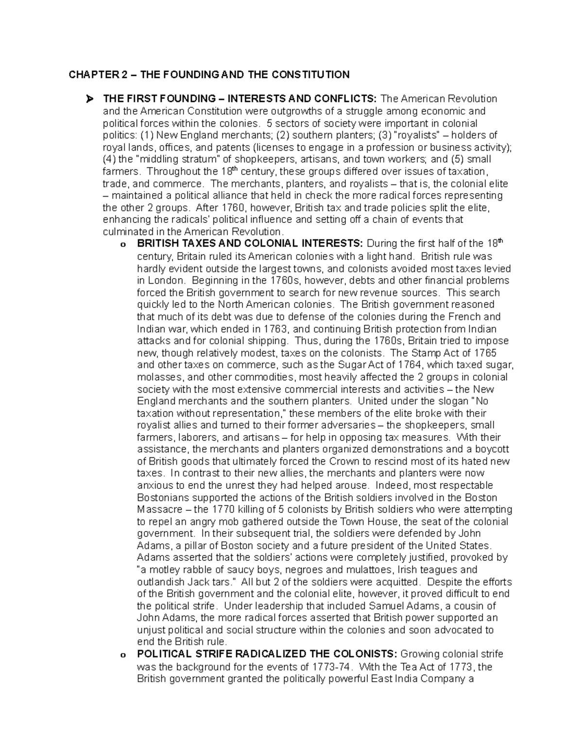 Chapter 2 Notes - CHAPTER 2 – THE FOUNDING AND THE CONSTITUTION THE ...