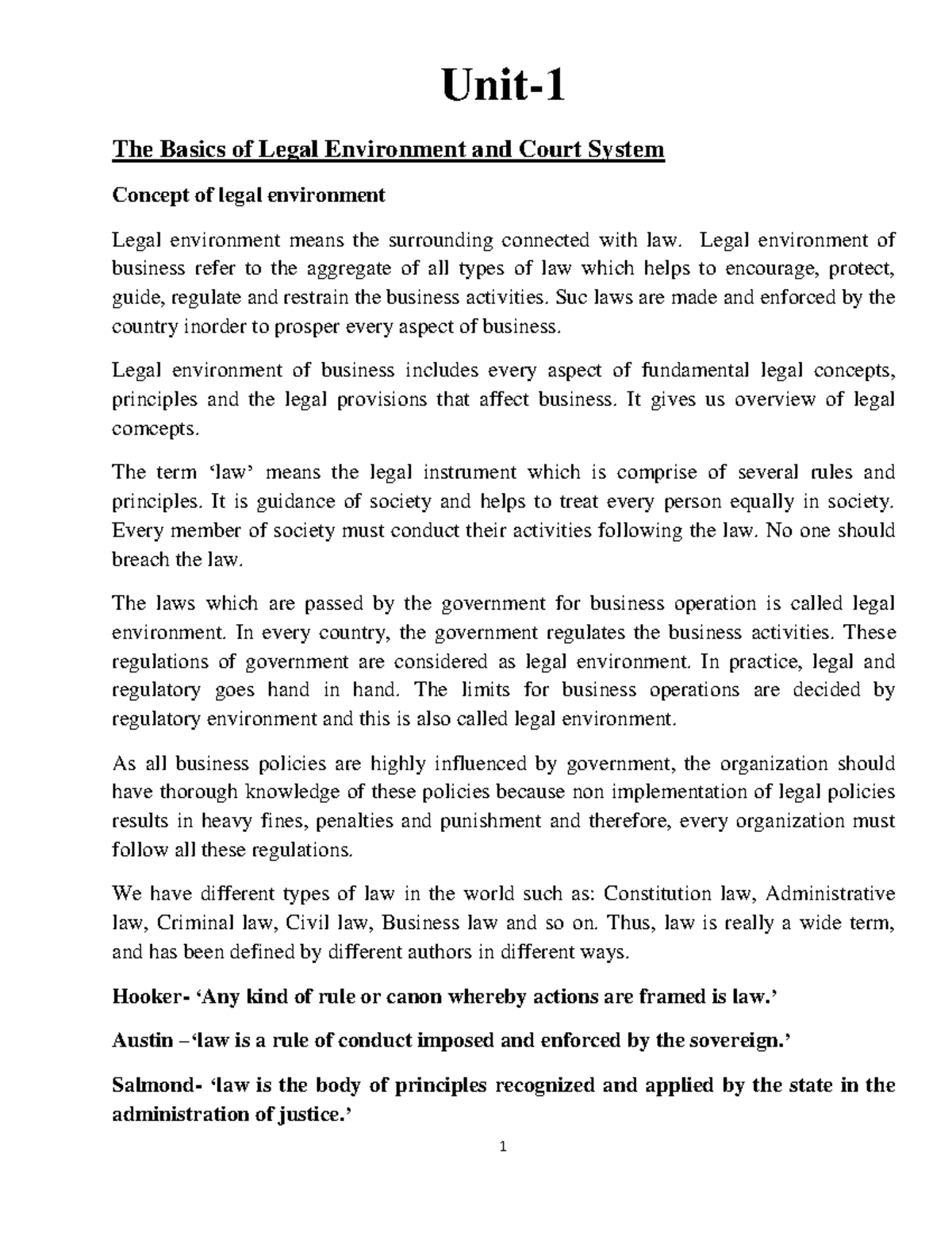 5th semester legal environment of business - Unit- The Basics of Legal ...