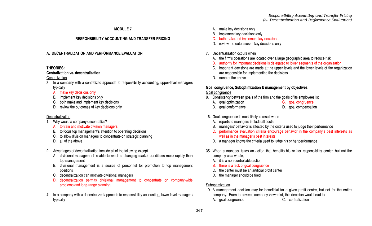 Module 7 Responsibility Accounting AND T - (A and Performance ...