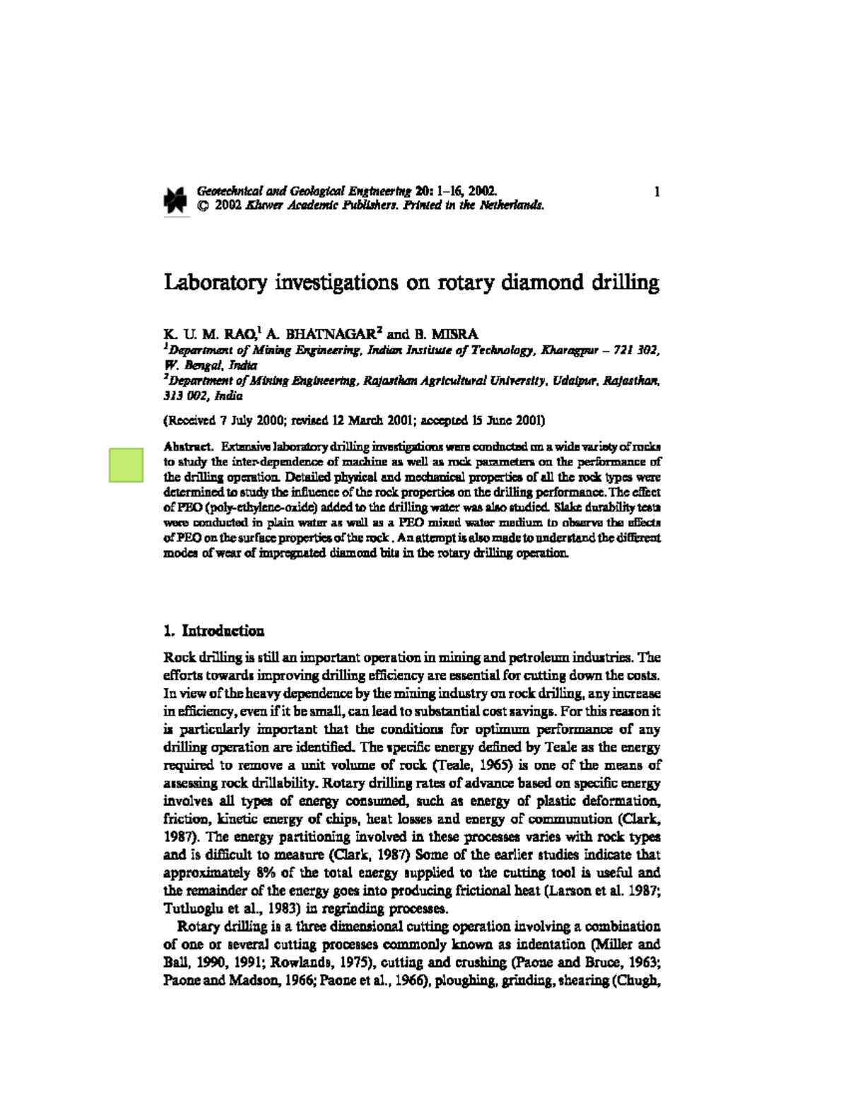 45. Laboratory investigations on rotary diamond drilling - httplink ...