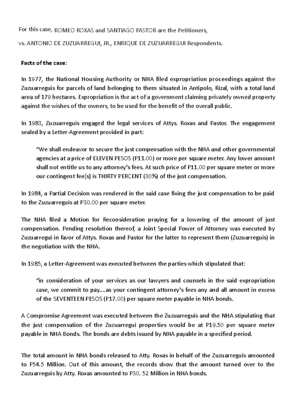 Roxas vs zuzuarregui summary - For this case, ROMEO ROXAS and SANTIAGO ...