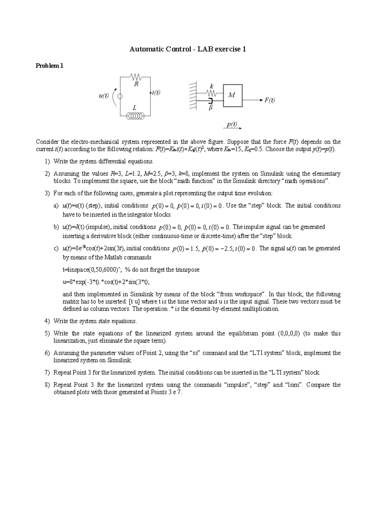 Lab Ex 01 Automatic Control Lab Exercise 1 Problem 1 Consider The