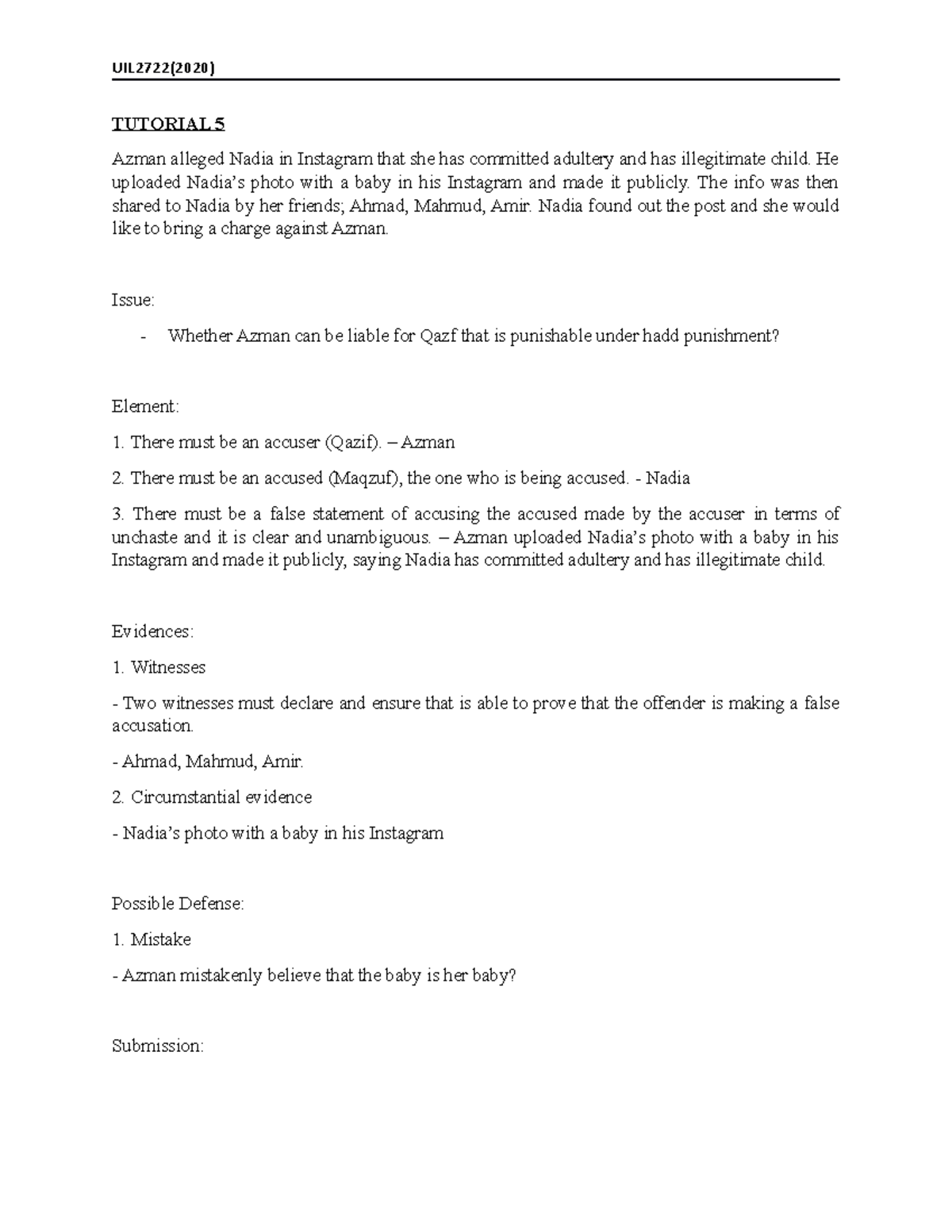 Islamic Law II - Tutorial Question Week 5 - UIL2722(2020) TUTORIAL 5 ...