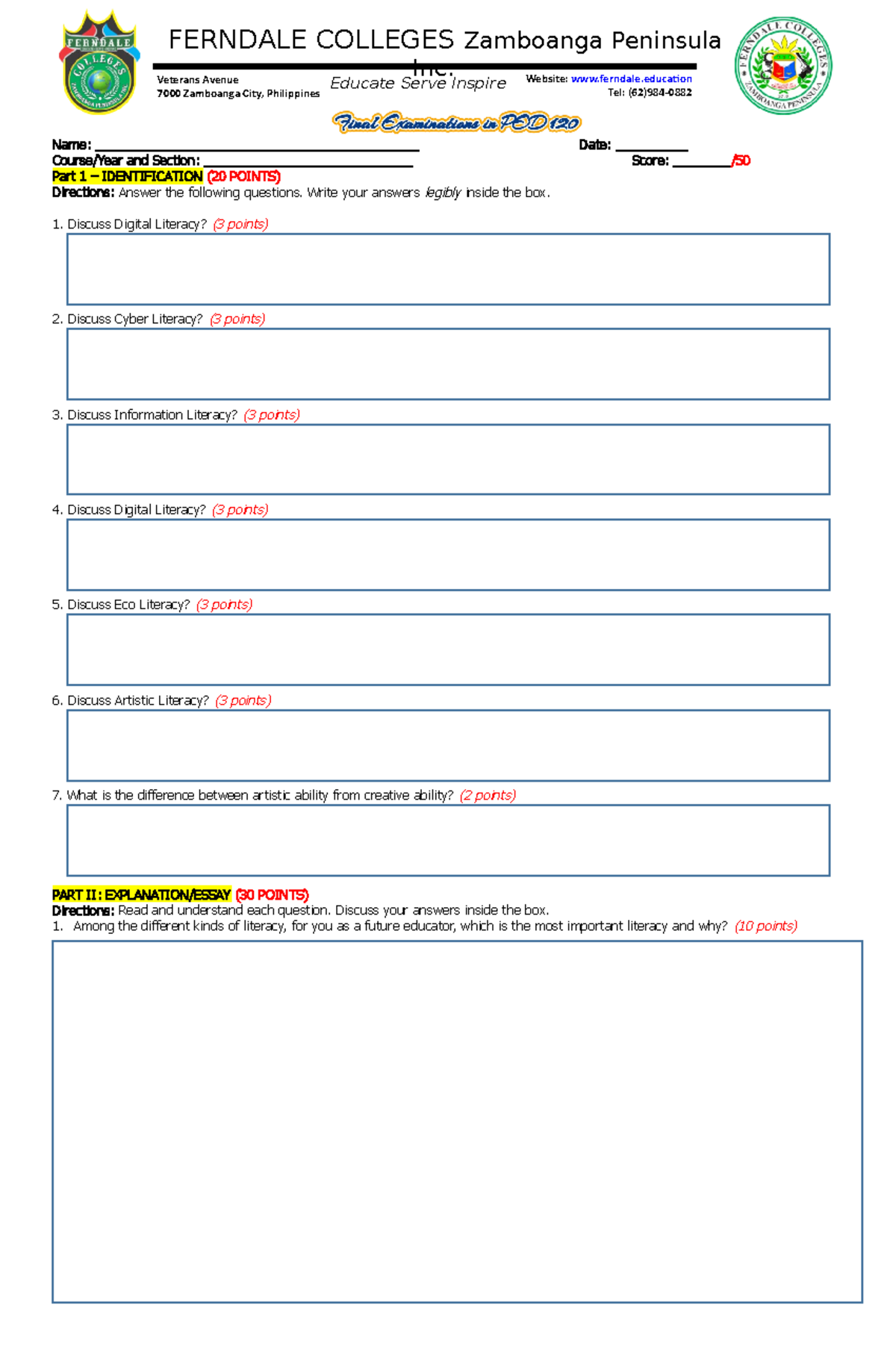 PED 120- Finals - Example sample only. - Name