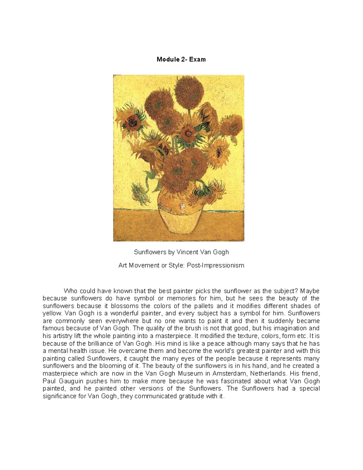 Exam m2 - exam in module 2 - Module 2- Exam Sunflowers by Vincent Van ...