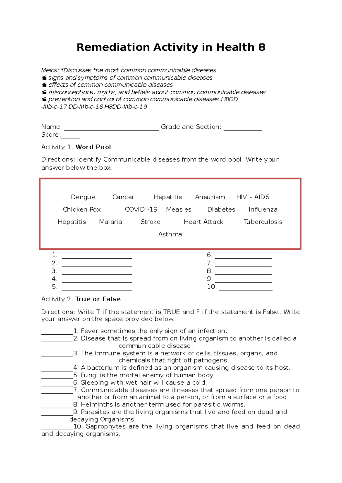 Remediation PLAN(LAS) - Remediation Activity in Health 8 Melcs ...