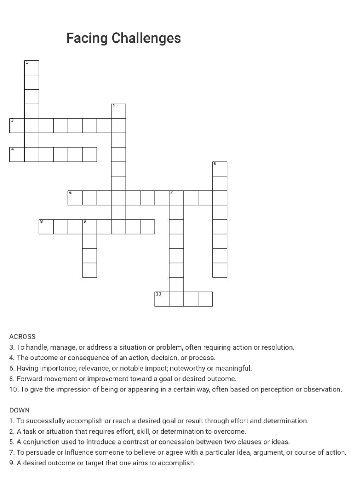 Criss Cross Puzzle Facing challenges big - Ingles - Studocu