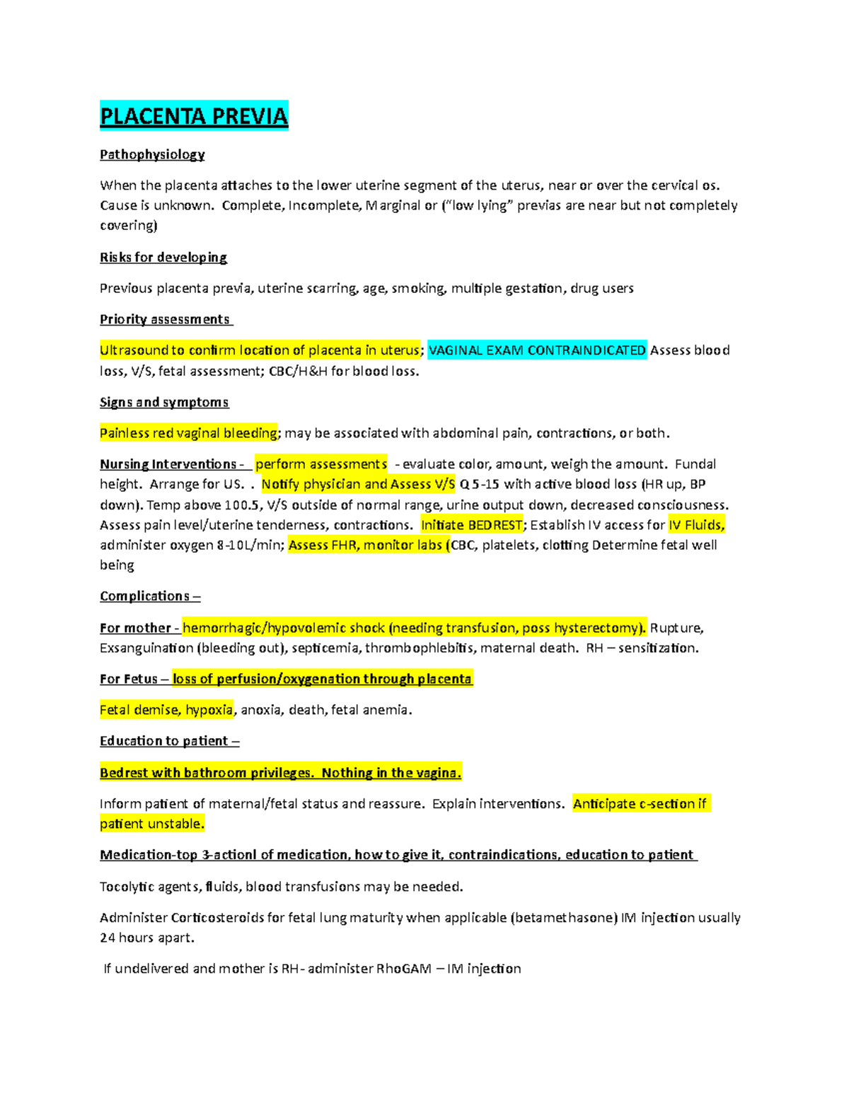 Placenta Previa - Study guide - PLACENTA PREVIA Pathophysiology When ...