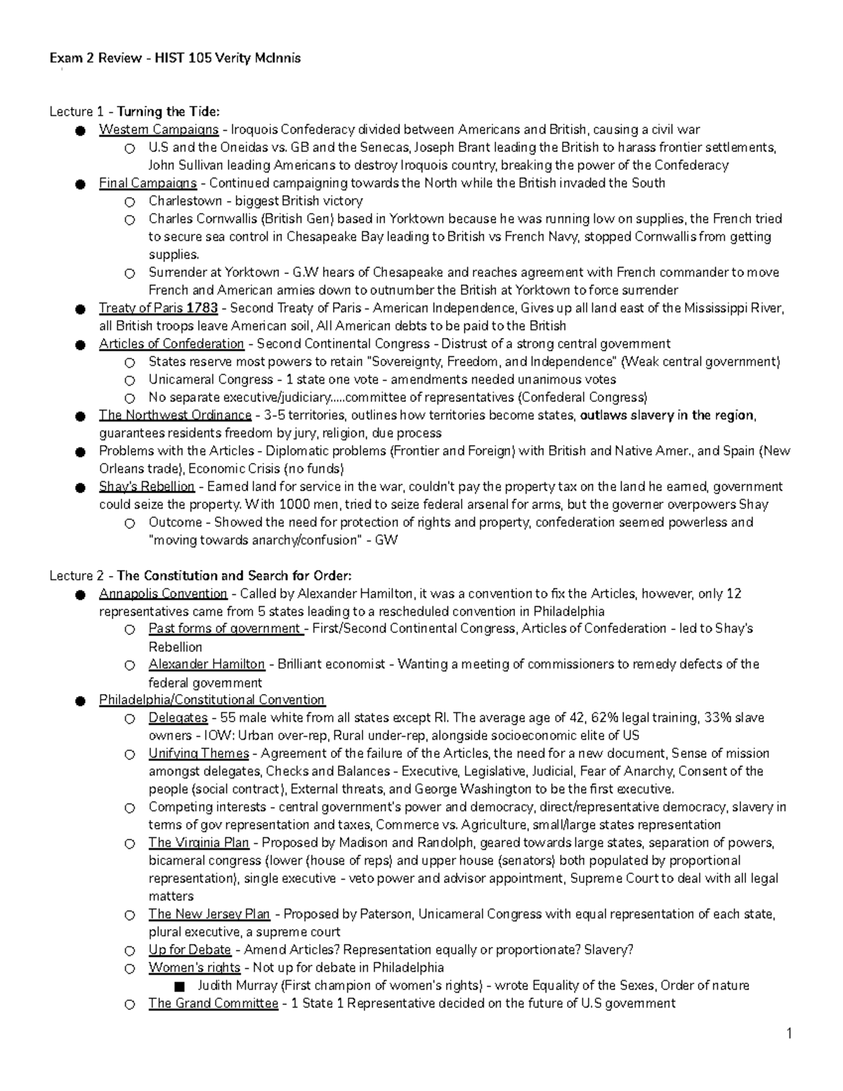 Exam 2 Review HIST 105 - Verity Mc Innis - Exam 2 Review - HIST 105 ...